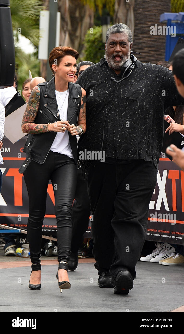 UNIVERSAL CITY, CA - JULY 08: Ruby Rose displays her tattoos at 'Extra ...