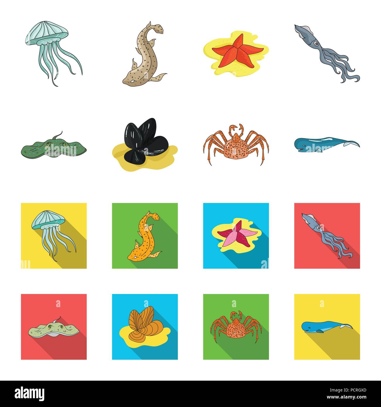 Electric ramp, mussels, crab, sperm whale.Sea animals set collection ...
