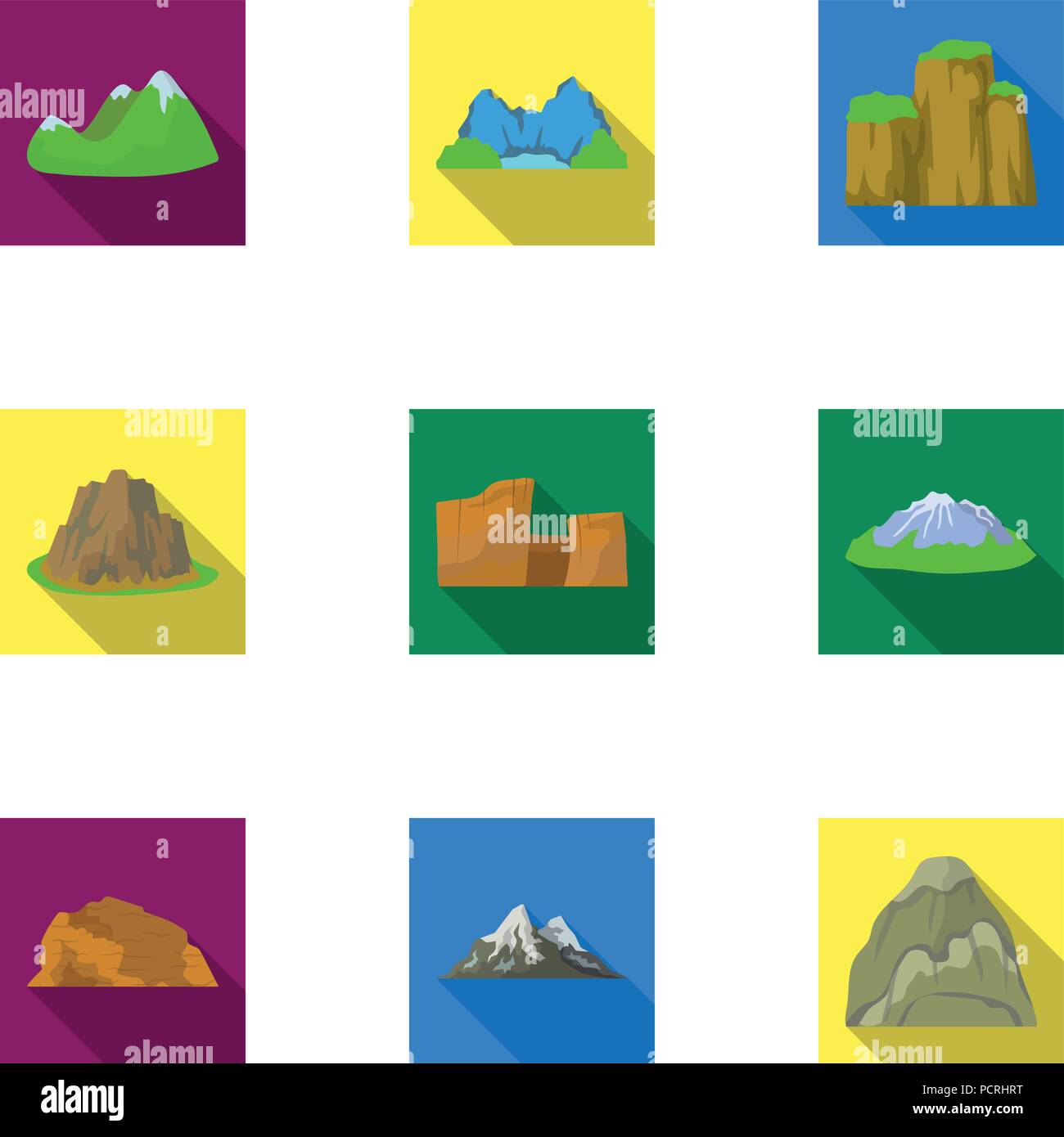 Set of icons about different mountains. Winter, summer mountains in one ...