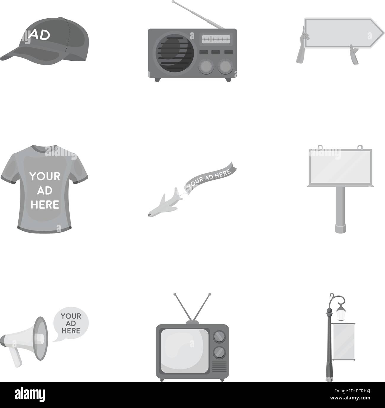 Advertising set icons in monochrome design. Big collection of ...