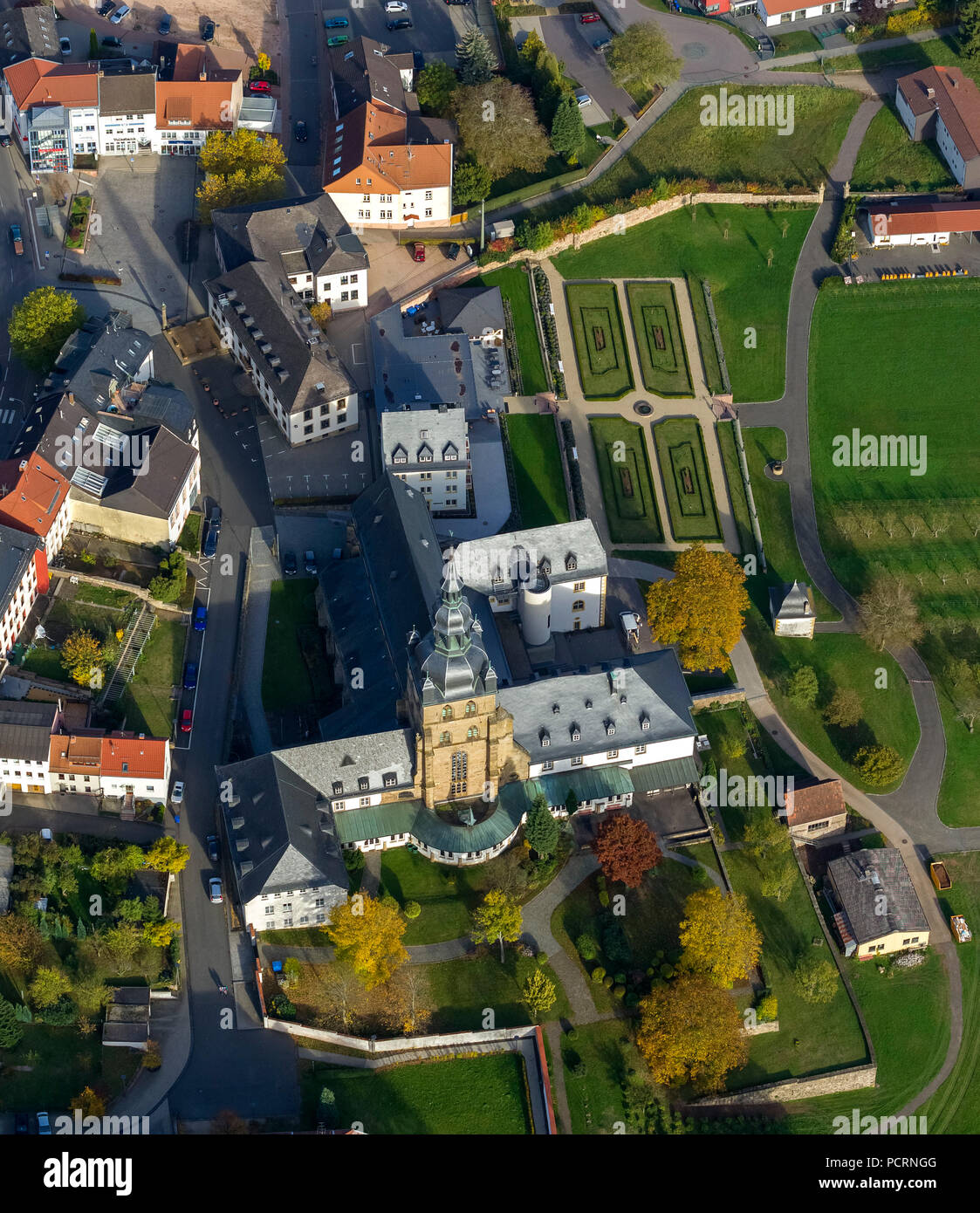 Aerial view, church and Benedictine Abbey Tholey, Tholey, Saarbrücken ...