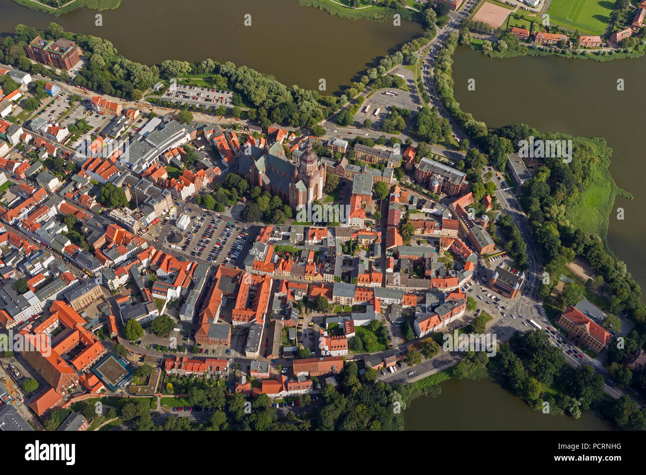 Aerial view, Stralsund, with the old town surrounded by water at the ...