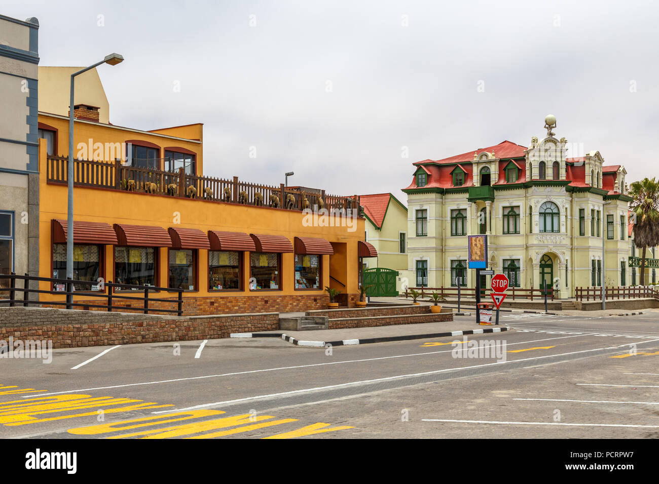 Old German colonial buildings and empty streets of Swakopmund, Namibia ...