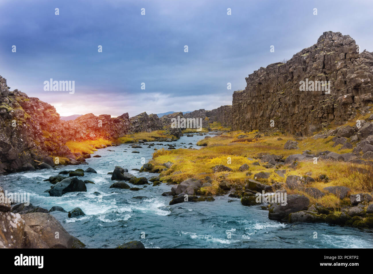 River Oxara near the Oxarafoss waterfall, Iceland inThingvellir ...