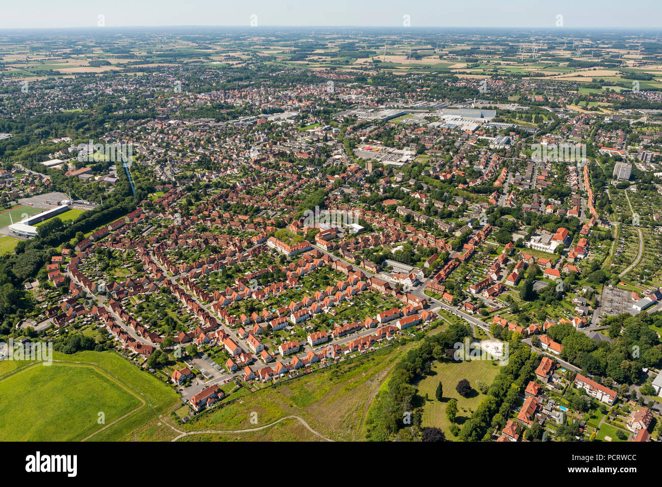 Aerial view, miner settlement Eckelshof, coal-miner houses, Ahlen, Ruhr ...