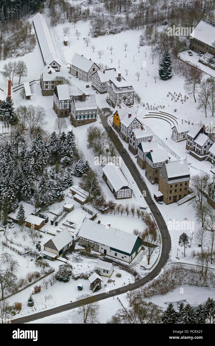 Aerial view, LWL open air museum Hagen in snow, Hagen, Ruhr area, North ...