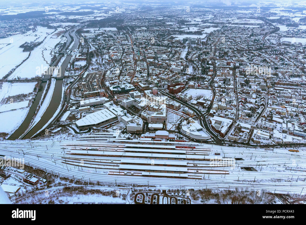 Aerial view, Hamm center with train station and Kleist Forum, snow ...