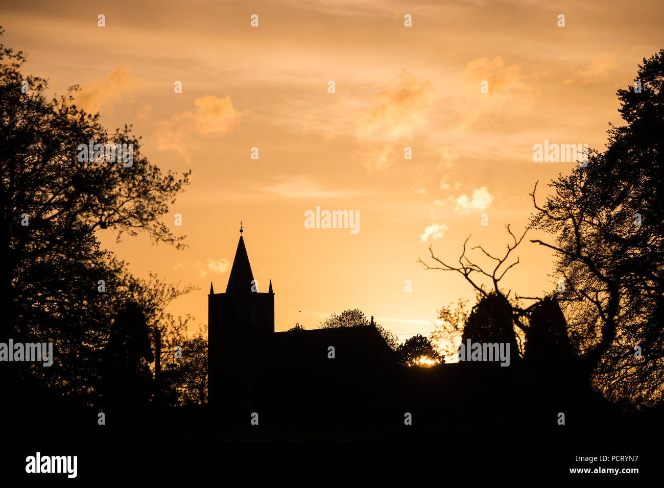 Silhouette of a church steeple and trees during sunset near the Broad ...