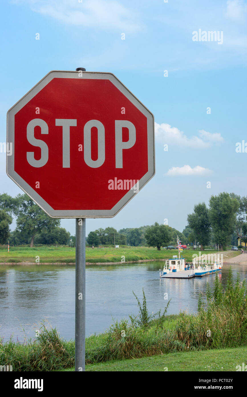 Elbe Cycletour, Coswig (Anhalt), Elbe ferry, stop sign Stock Photo - Alamy