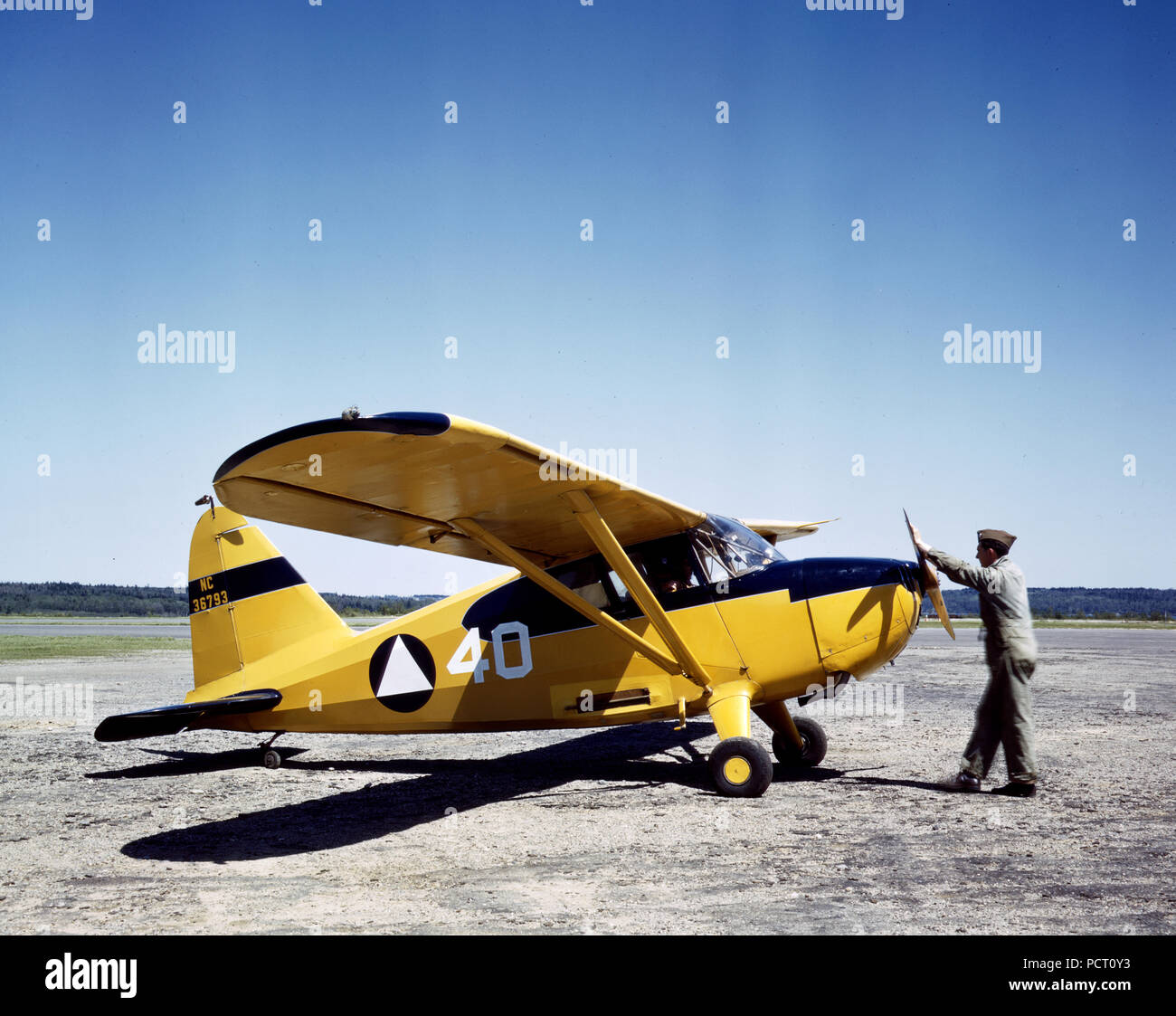 Photograph shows the Stinson HW-75, or 105 Voyager airplane. The design ...