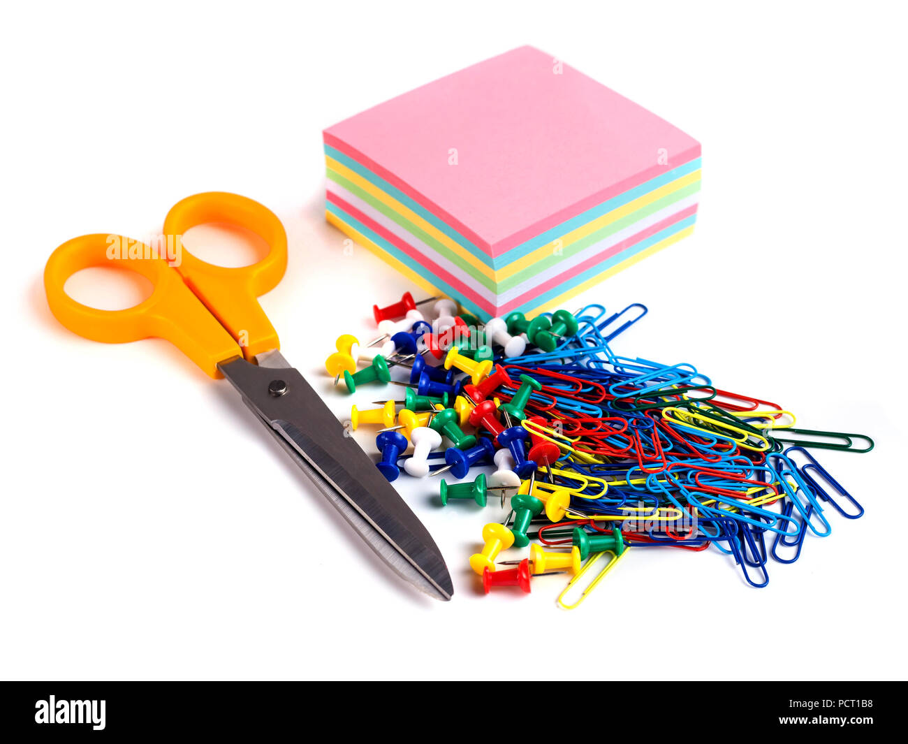 Scissor, tacks, papers and paper clips on white background Stock Photo ...