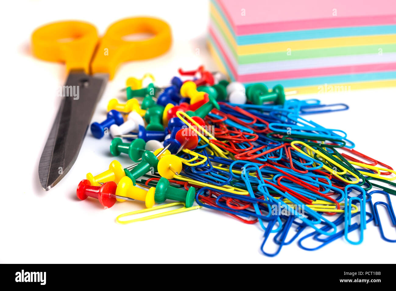 Scissor, tacks, papers and paper clips on white background Stock Photo ...
