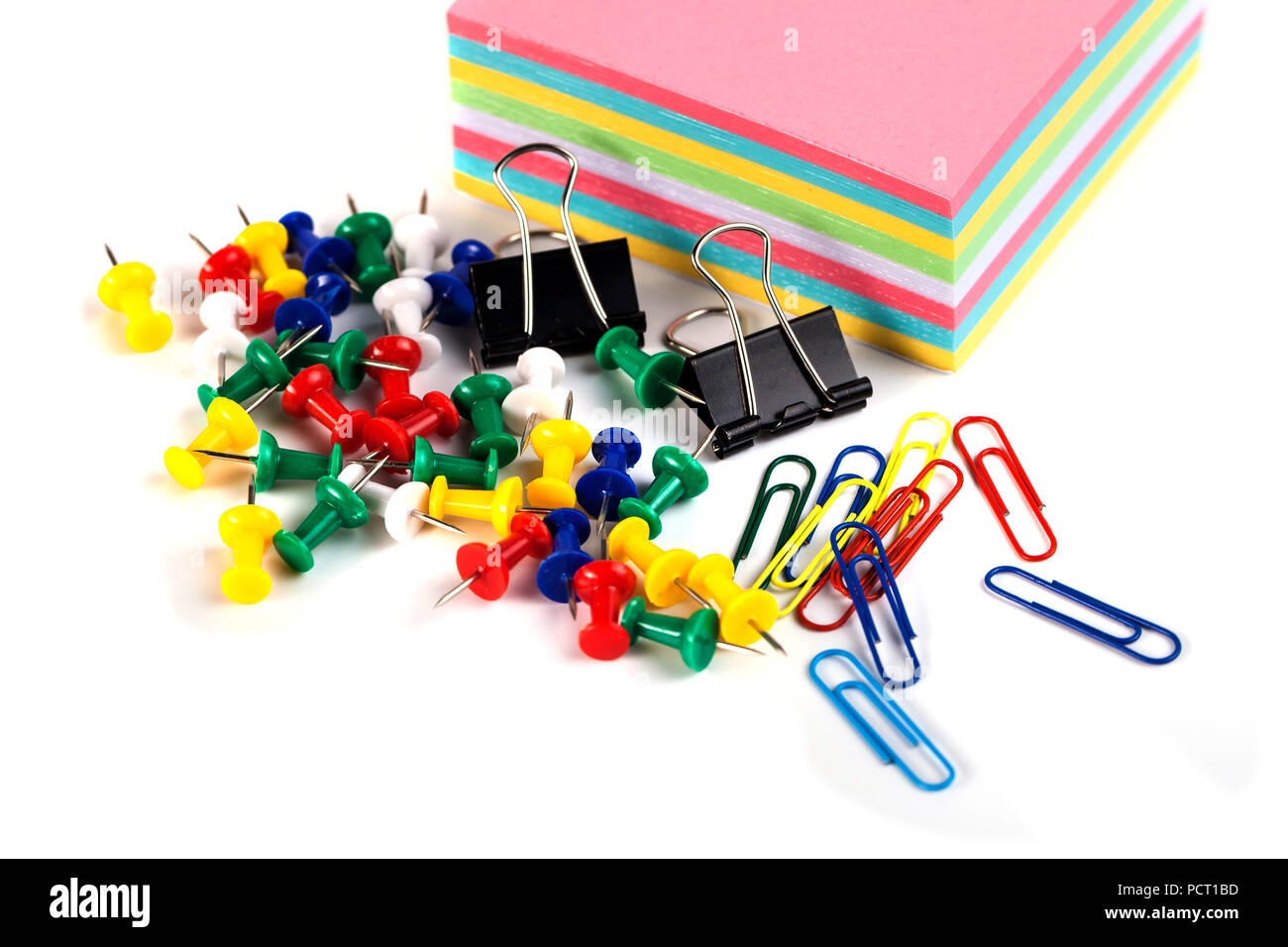 Scissor, tacks, papers and paper clips on white background Stock Photo ...