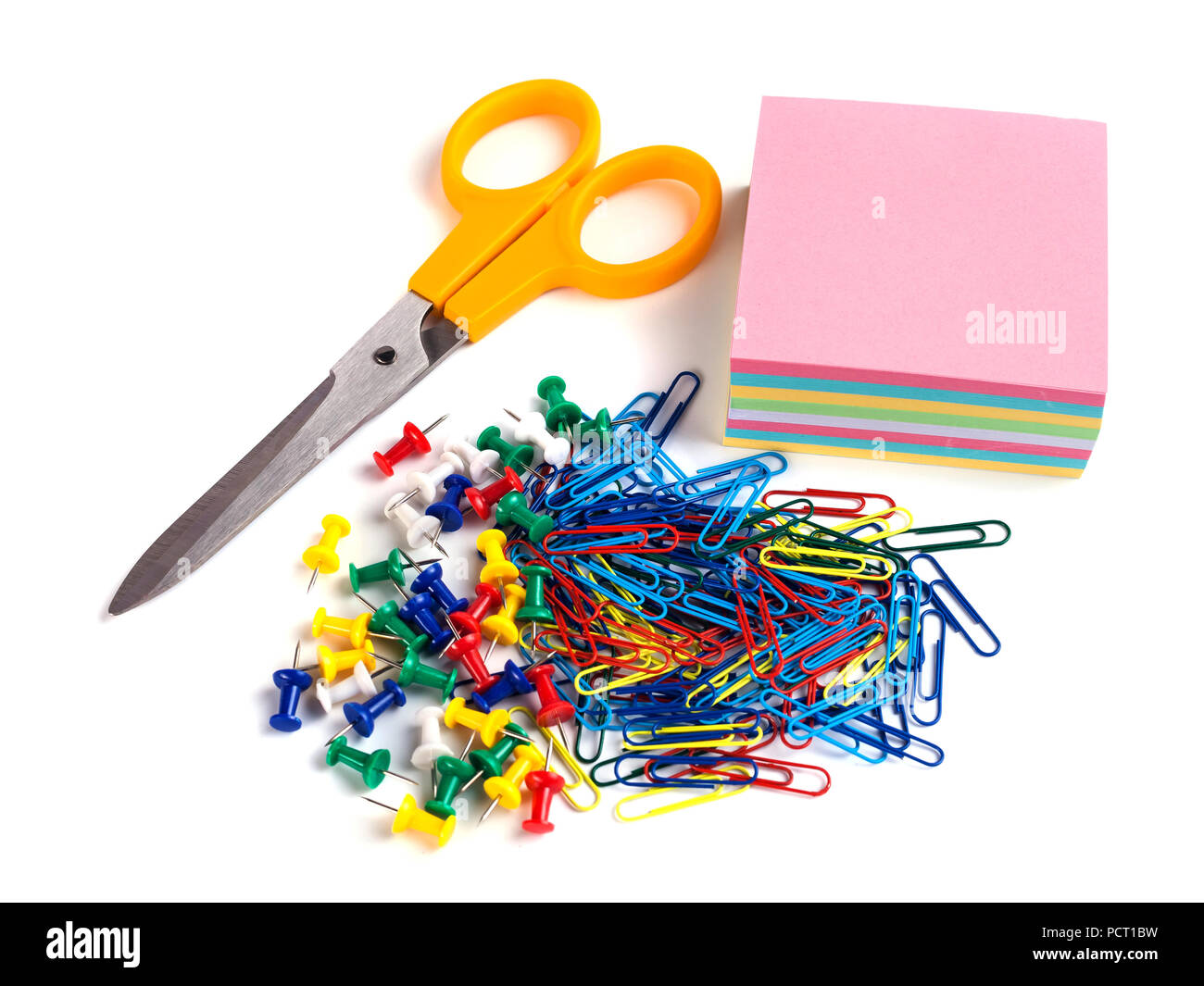 Scissor, tacks, papers and paper clips on white background Stock Photo ...