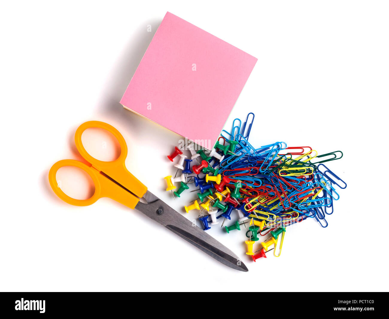 Scissor, tacks, papers and paper clips on white background Stock Photo ...