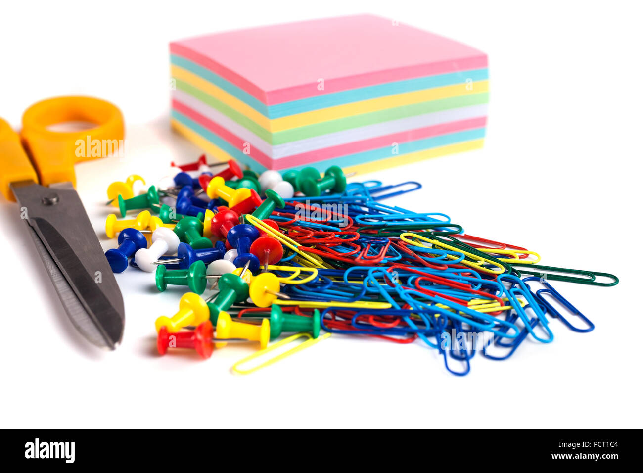 Scissor, tacks, papers and paper clips on white background Stock Photo ...