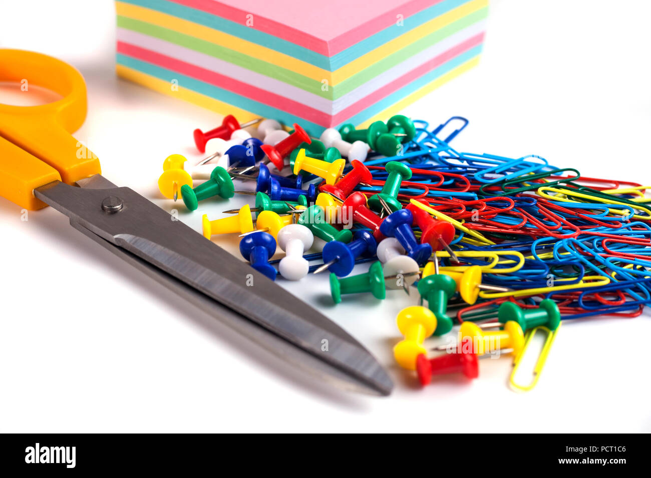 Scissor, tacks, papers and paper clips on white background Stock Photo ...