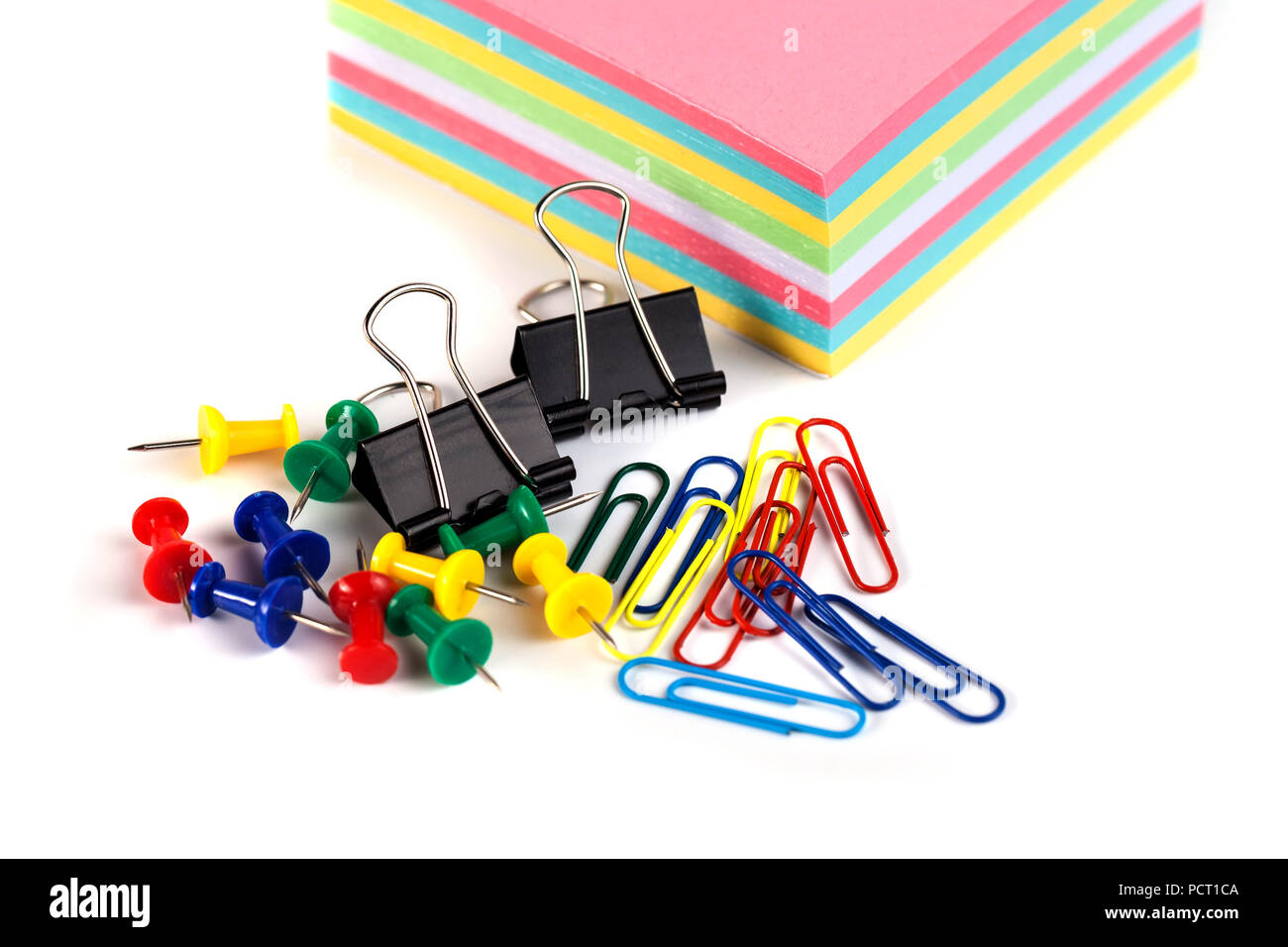 Scissor, tacks, papers and paper clips on white background Stock Photo ...