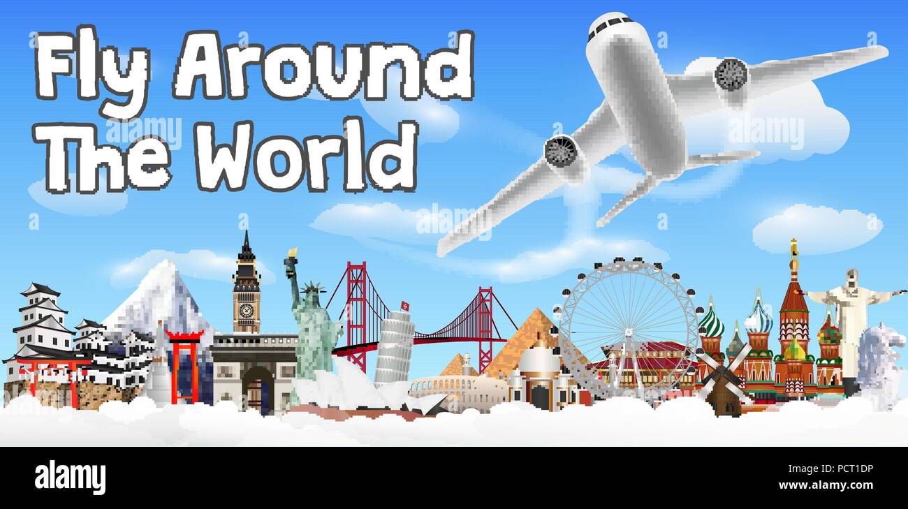 fly around the world with airplane and landmark Stock Vector Image ...