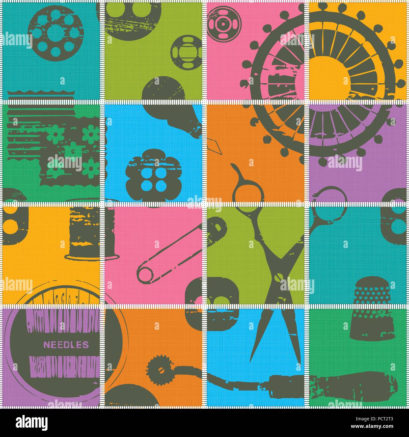 Colorful tiled seamless pattern with sewing and tailoring symbols on ...