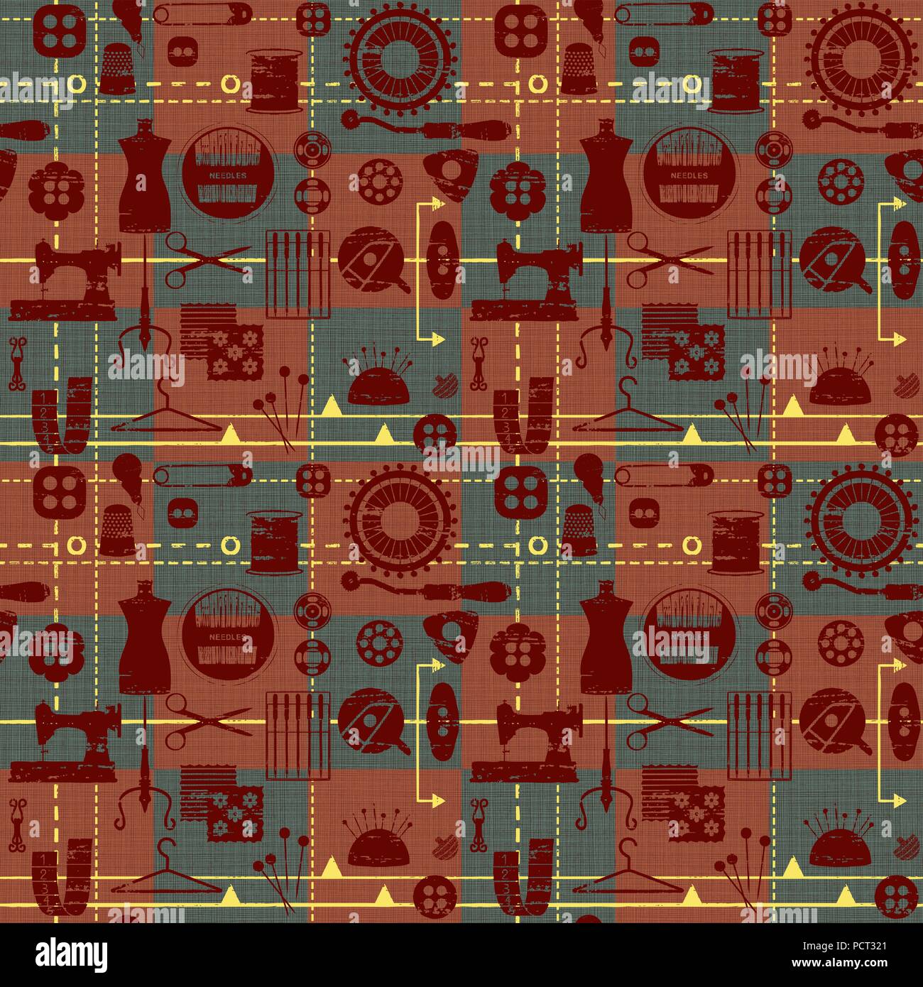 Vintage tiled seamless background with sewing and tailoring symbols ...