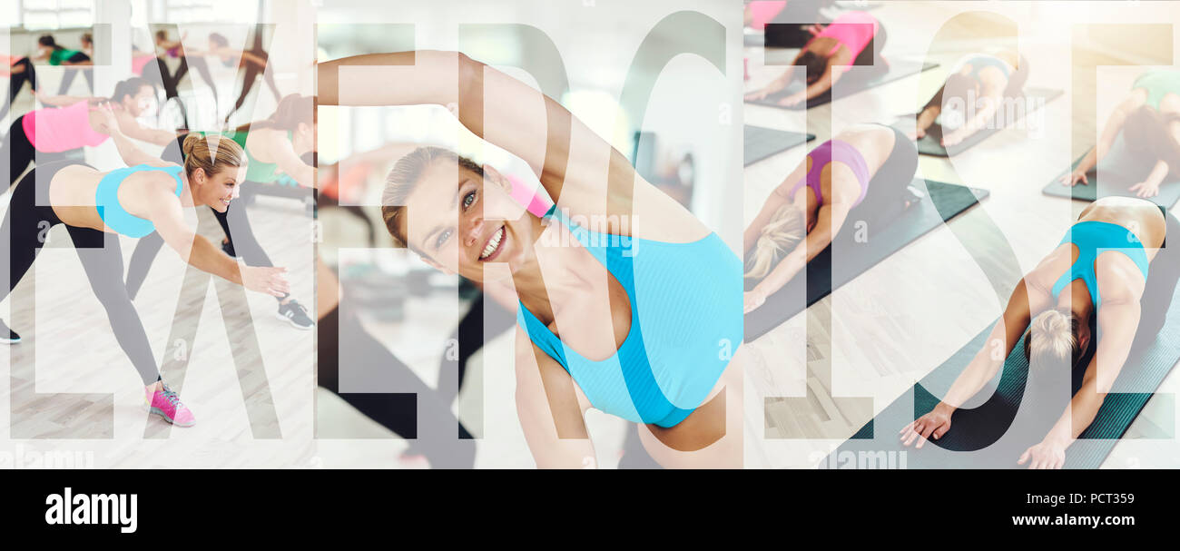 Collage of a group of fit young women in sportswear enjoying a workout ...