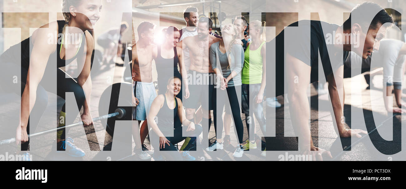 Collage of fit young people in exercise clothing working out at the gym ...