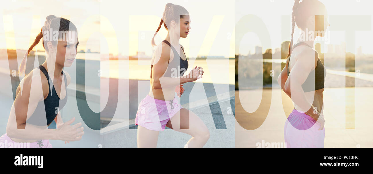 Collage of a fit and focused young woman in sportswear out for a run ...
