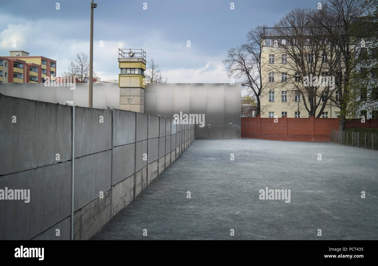 Original Berlin Wall segment and GDR watchtower at the Berlin Wall ...