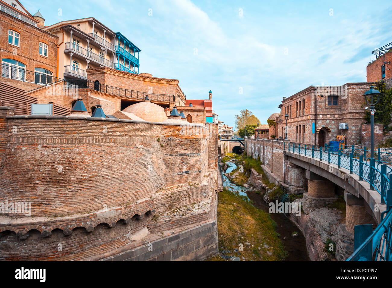 Old sulfur Baths in Abanotubani district with wooden carved balconies ...
