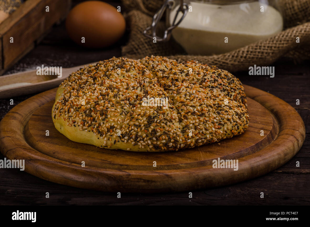 Homemade bread, product photo, selective focus, others pastries behind ...