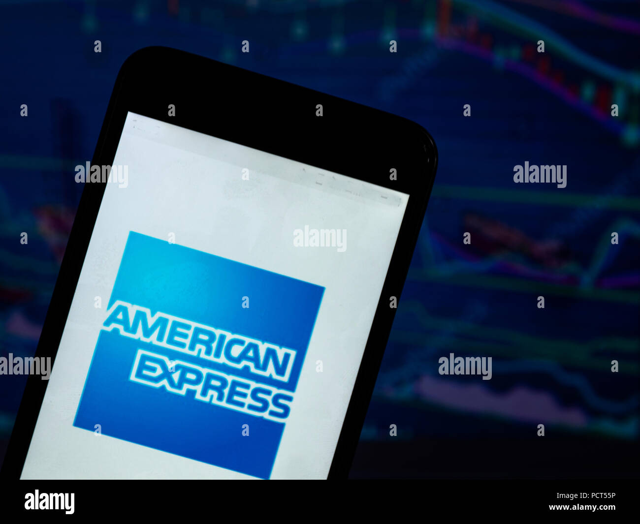 KIEV, UKRAINE - August 4, 2018: The American Express logo seen ...