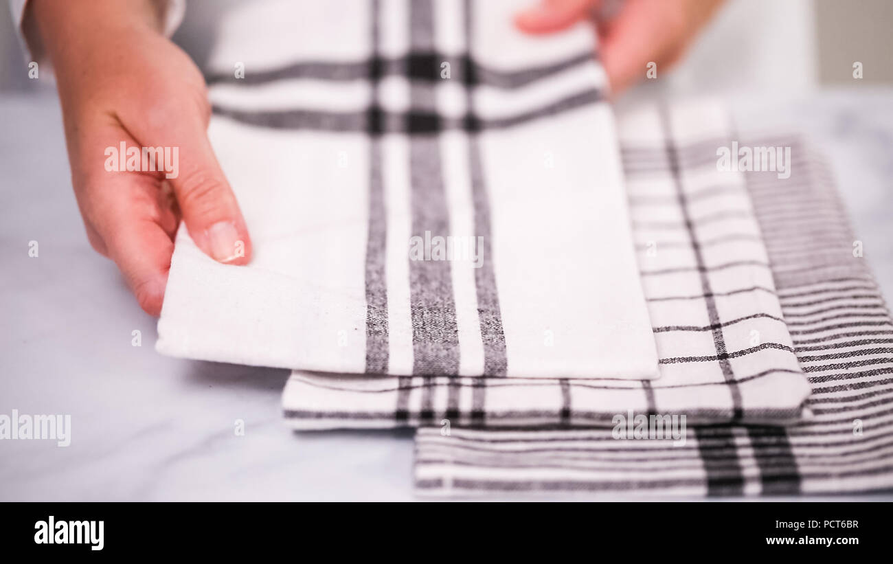 Folding Blck and white patterned paper towels on marble surface Stock ...