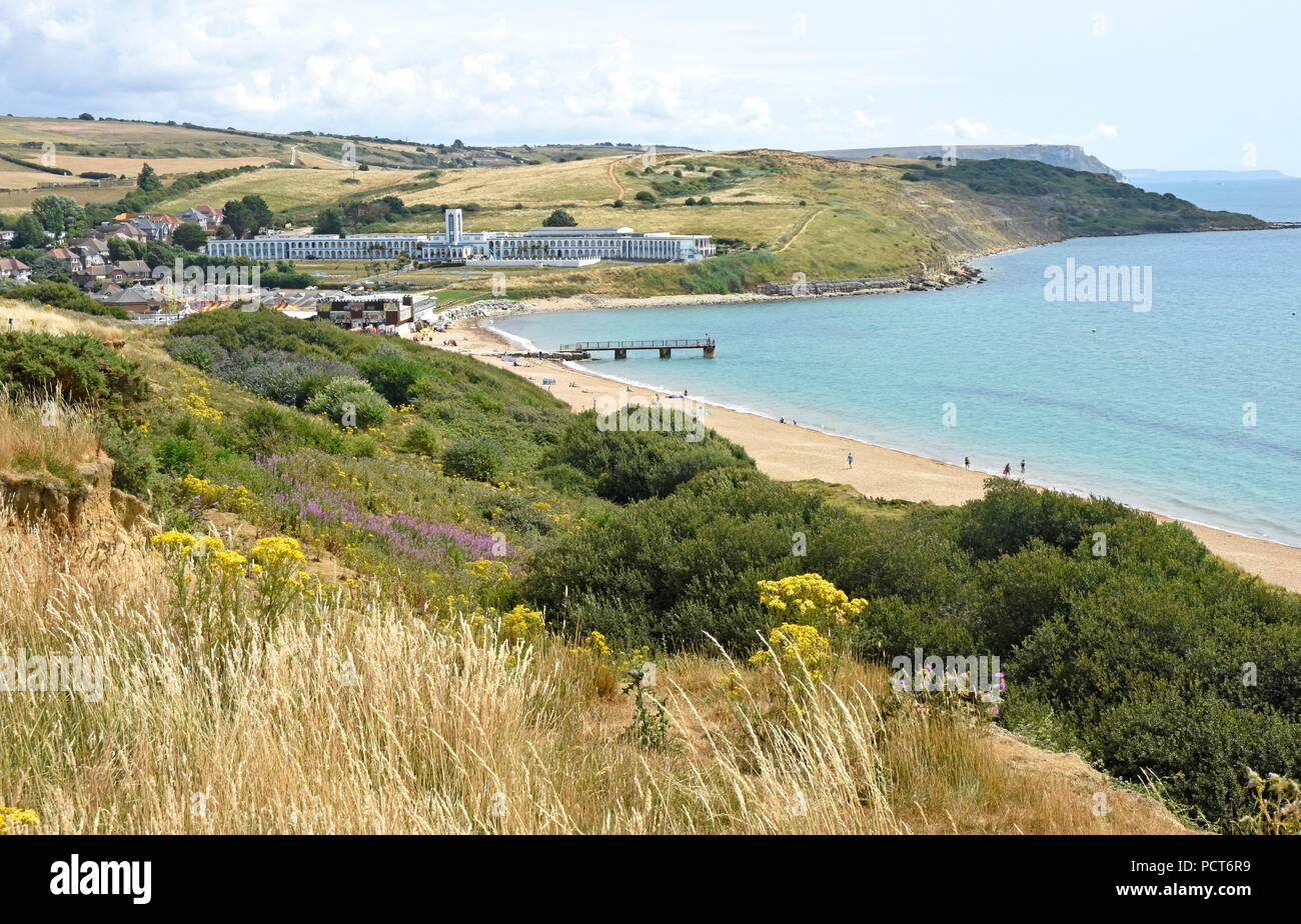 Dorset - Weymouth - clifftop view across the bay to Riviera Hotel at ...