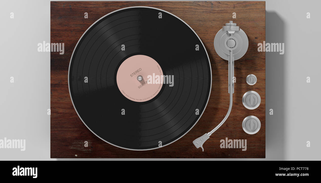 Vinyl LP record player, wooden, isolated on grey background, top view ...