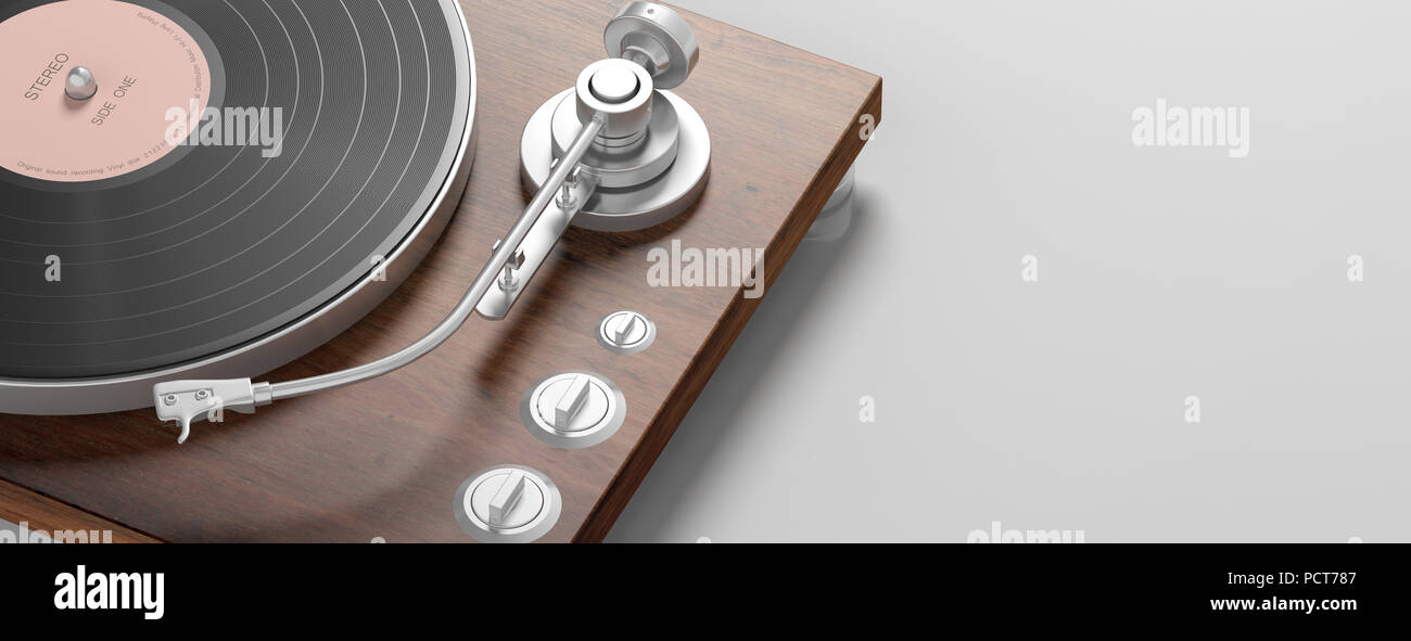Vinyl LP record player closeup detail on grey background, banner, copy ...
