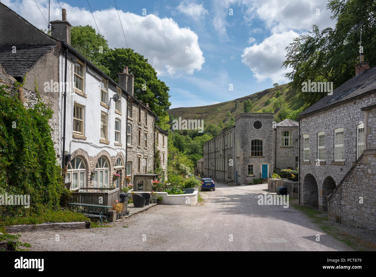 Converted mill buildings at Litton Mill near Buxton in the Peak ...