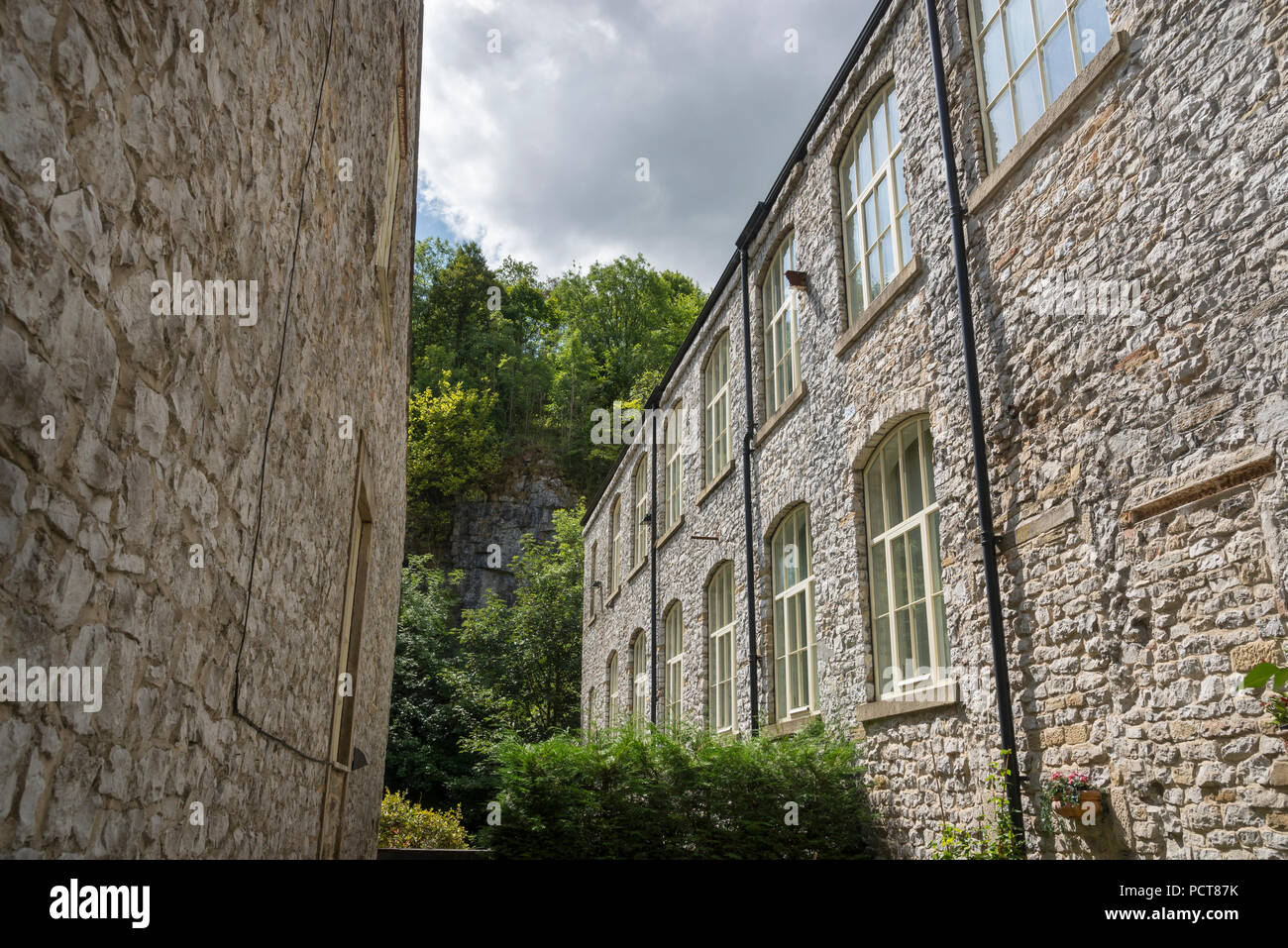 Converted mill buildings at Litton Mill near Buxton in the Peak ...