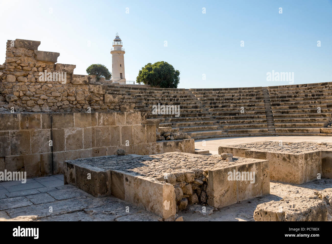 Paphos Odeon amphitheatre and a lighthouse view, Cyprus Stock Photo - Alamy