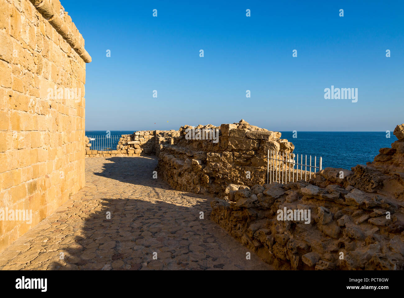 A view of Paphos Castle top with protection fences and remains of the ...