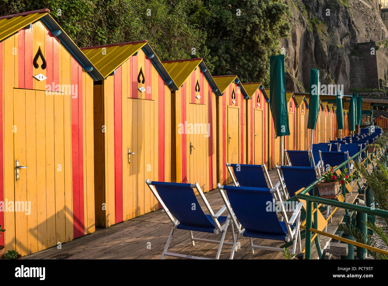 Beach changing rooms and deckchairs, Sorrento, Italy Stock Photo - Alamy