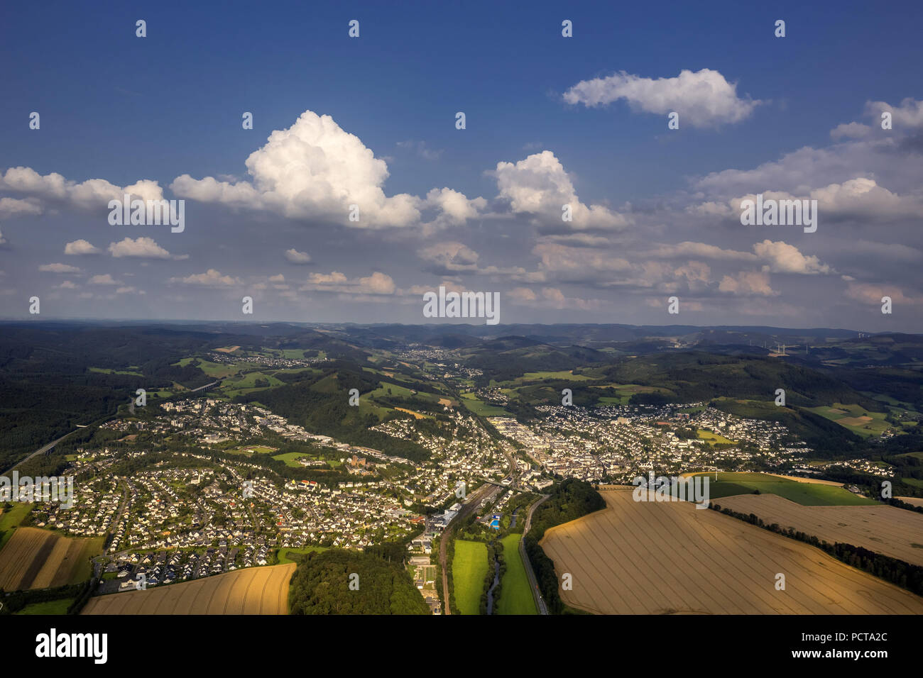 Aerial view of meschede across mature fields from the west hi-res stock ...