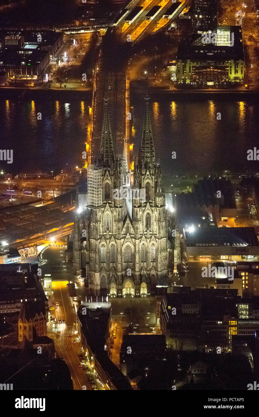 Aerial view, Cologne Cathedral at night, The Cologne Cathedral is the ...