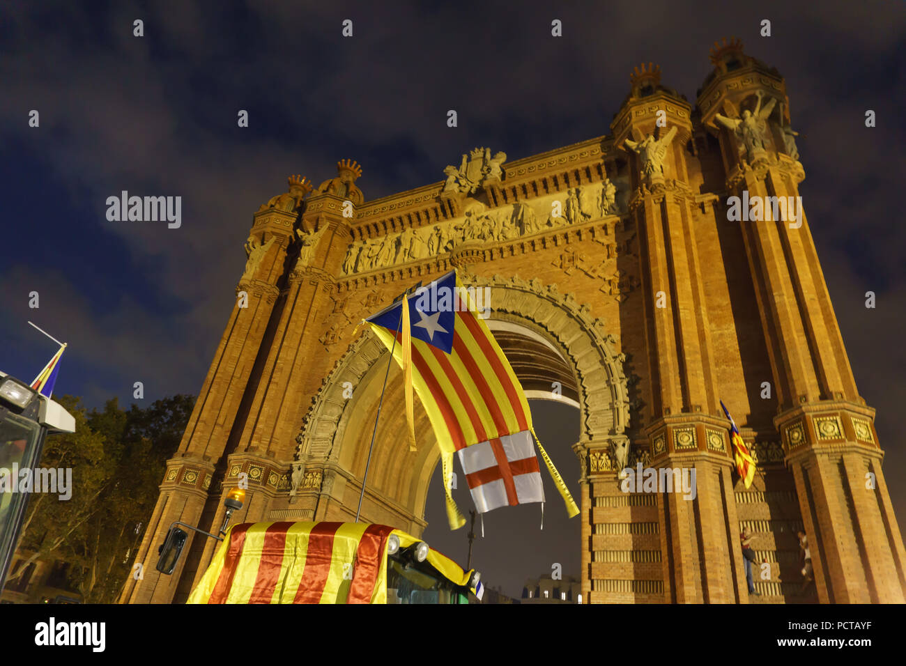 Barcelona, Catalonia, Spain, October 10, 2017: flags and people on ...