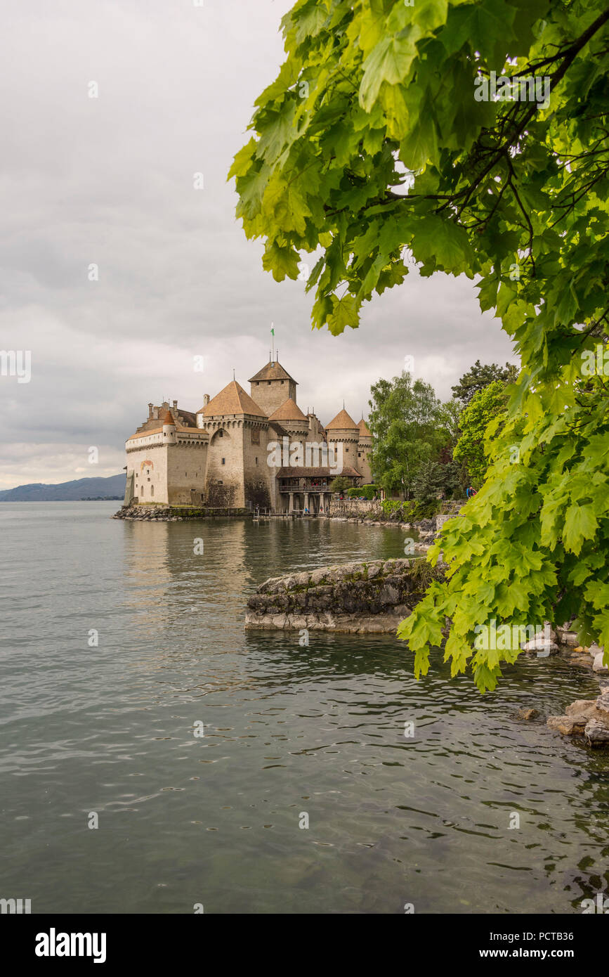 View of Chillon Castle in Veytaux, near Montreux, Lake Geneva, Canton ...
