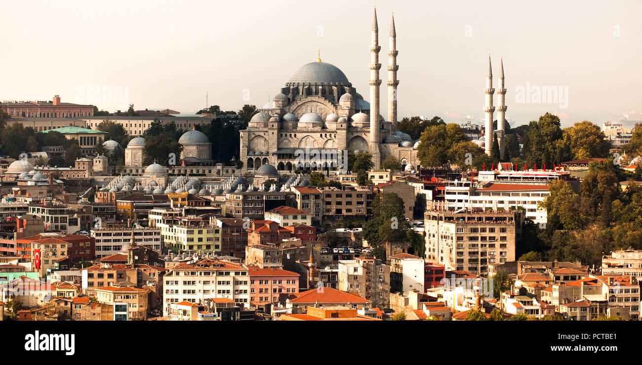 Istanbul, from the Gala Tower overlooking Sultan Ahmet Mosque Stock ...