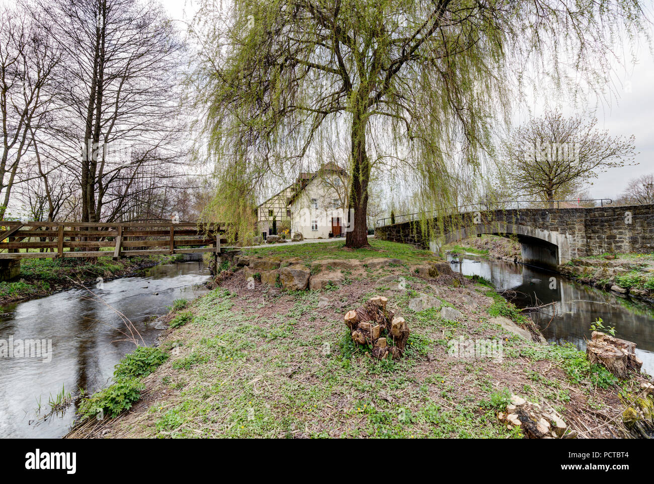 River, Streu, bridge, spring, Ostheim vor der Rhön, Lower Franconia ...