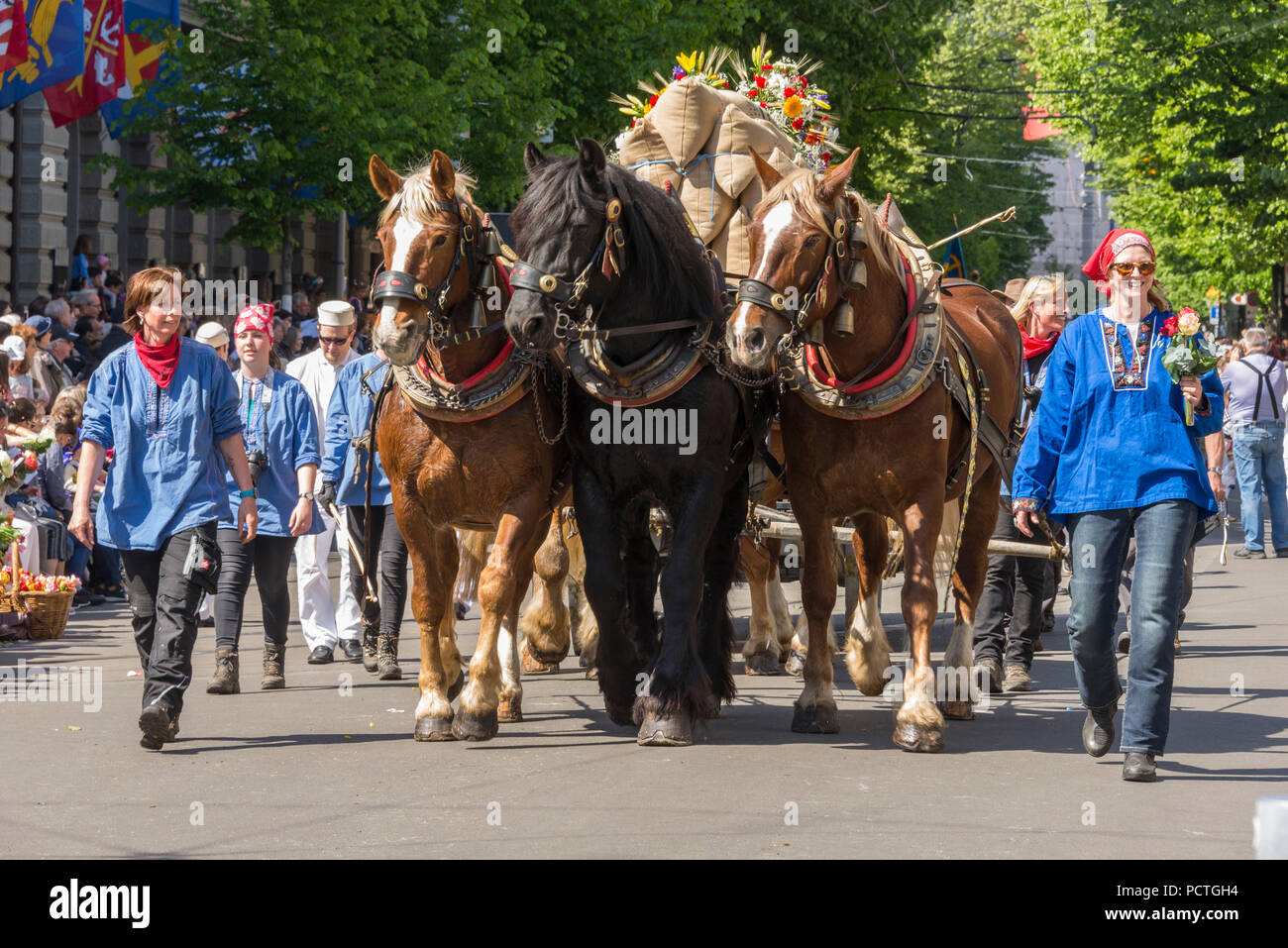 Guild members with horse-drawn vehicle on the parade of guilds, Spring ...
