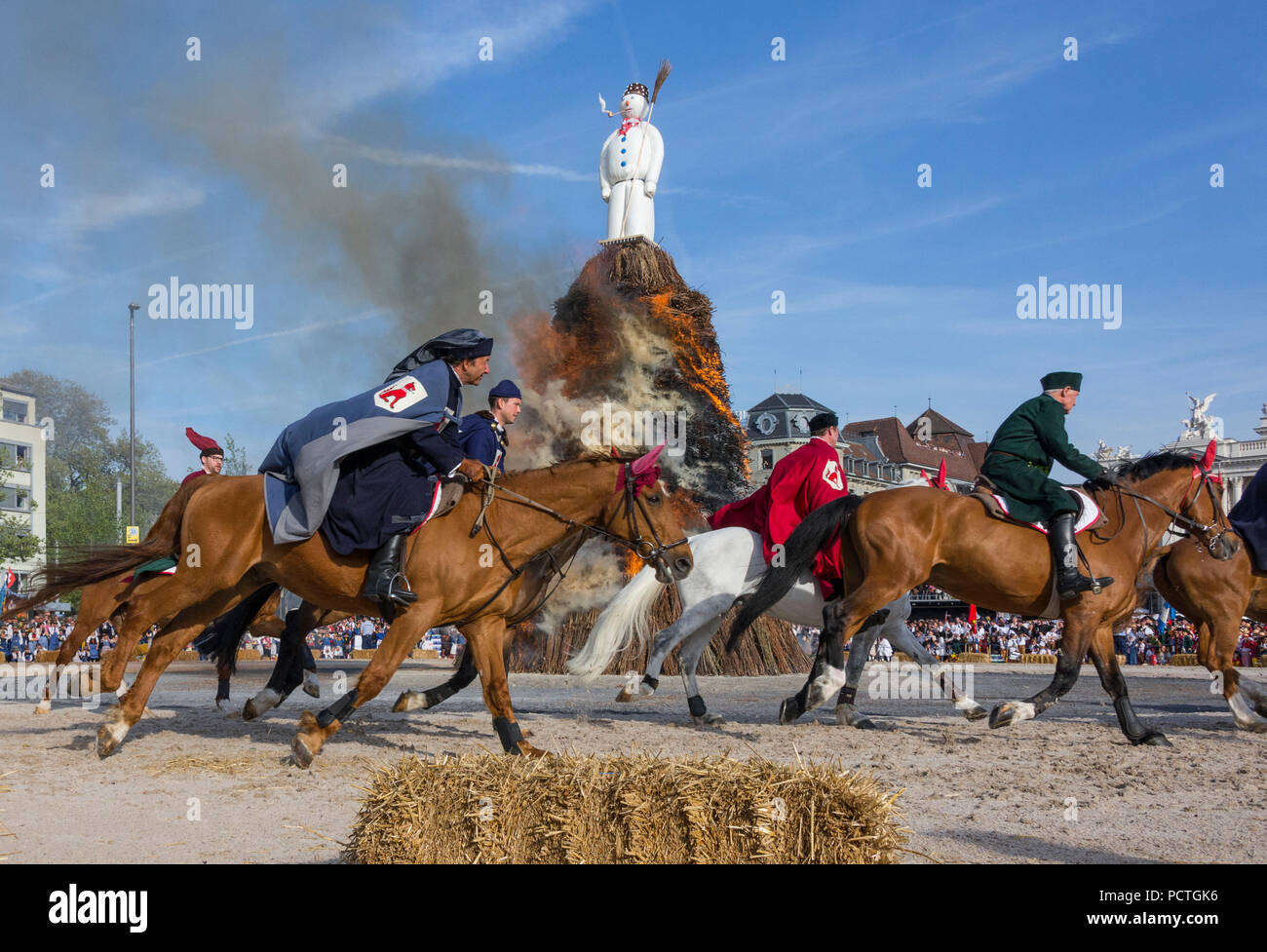 Snowman figure boogg on the burning stake and guild knight hi-res stock ...
