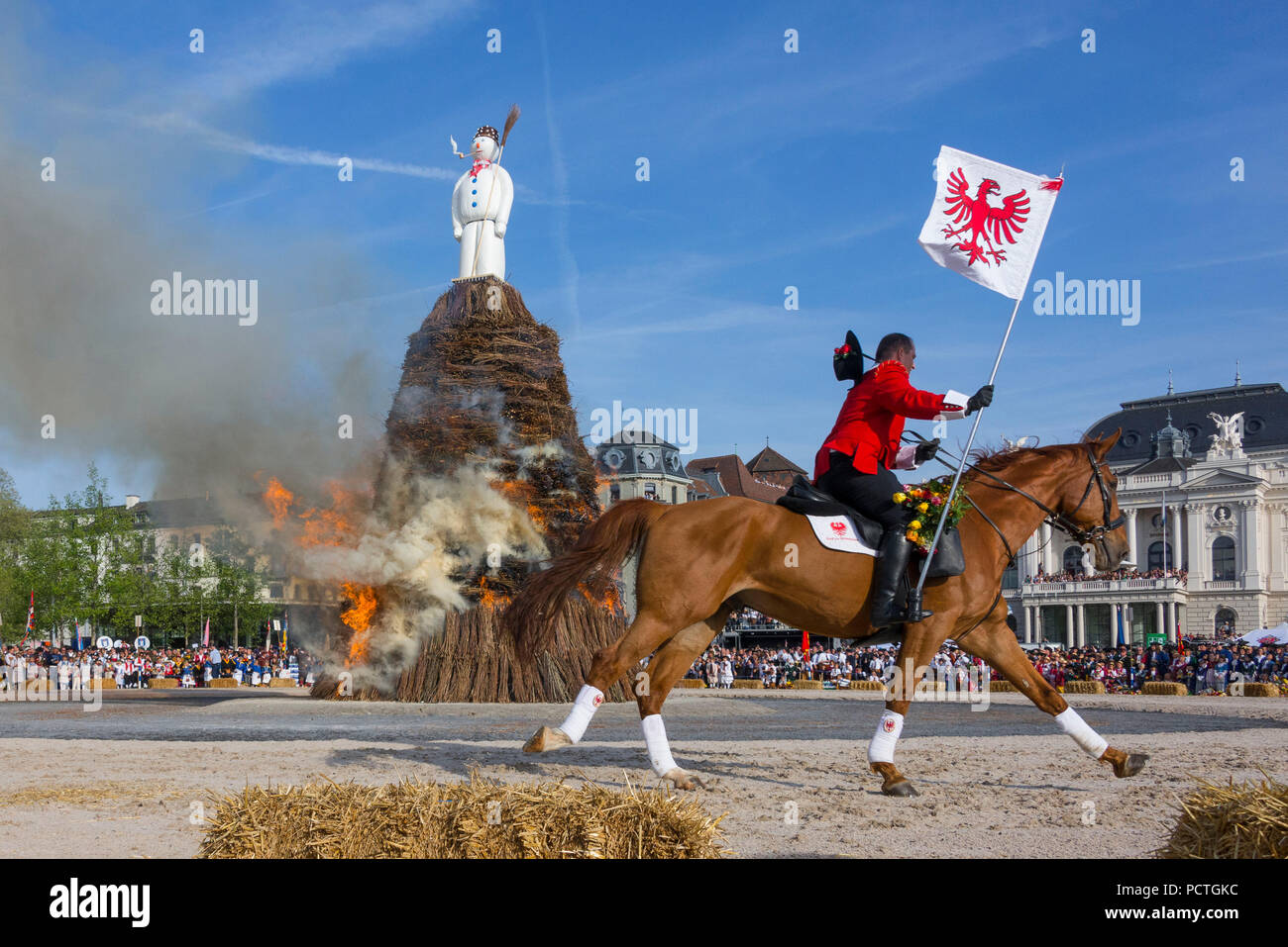 Snowman figure boogg on the burning stake and guild knight hi-res stock ...